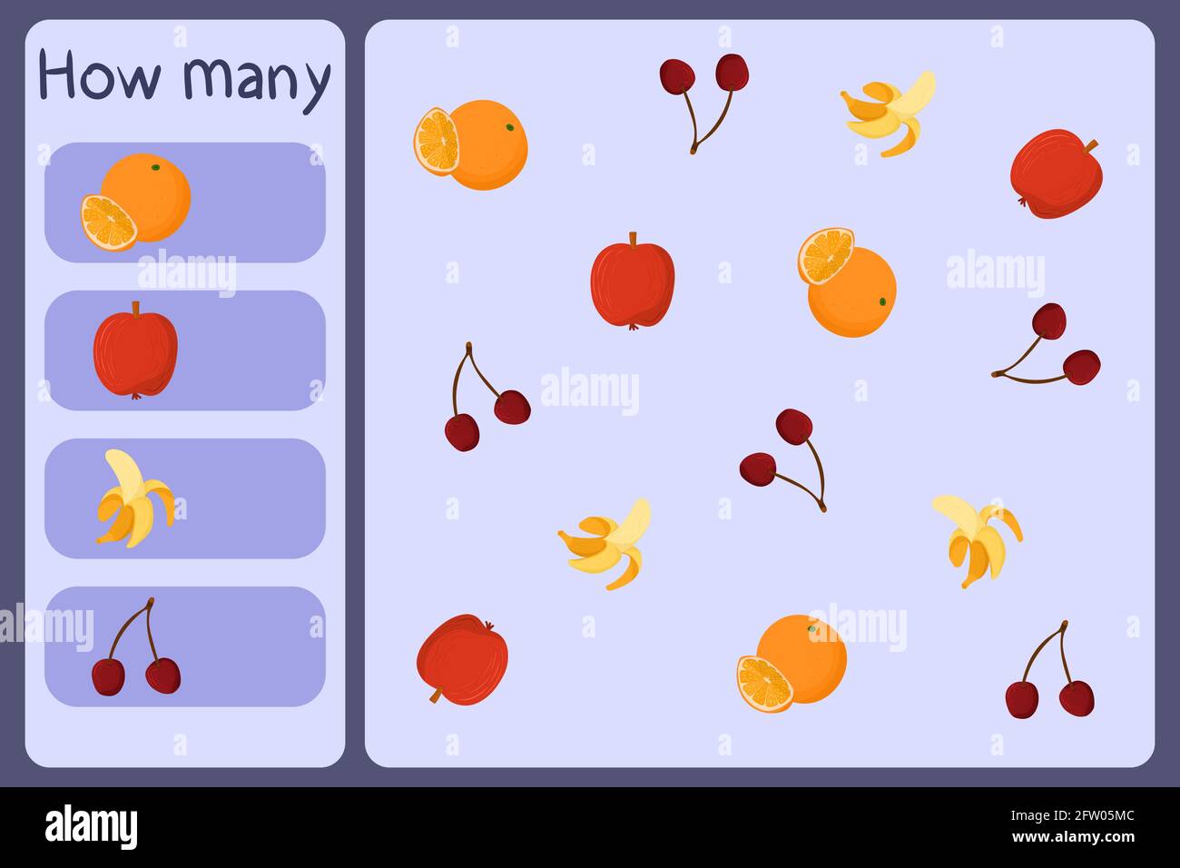 Kids mathematical mini game - count how many fruits - orange, apple ...