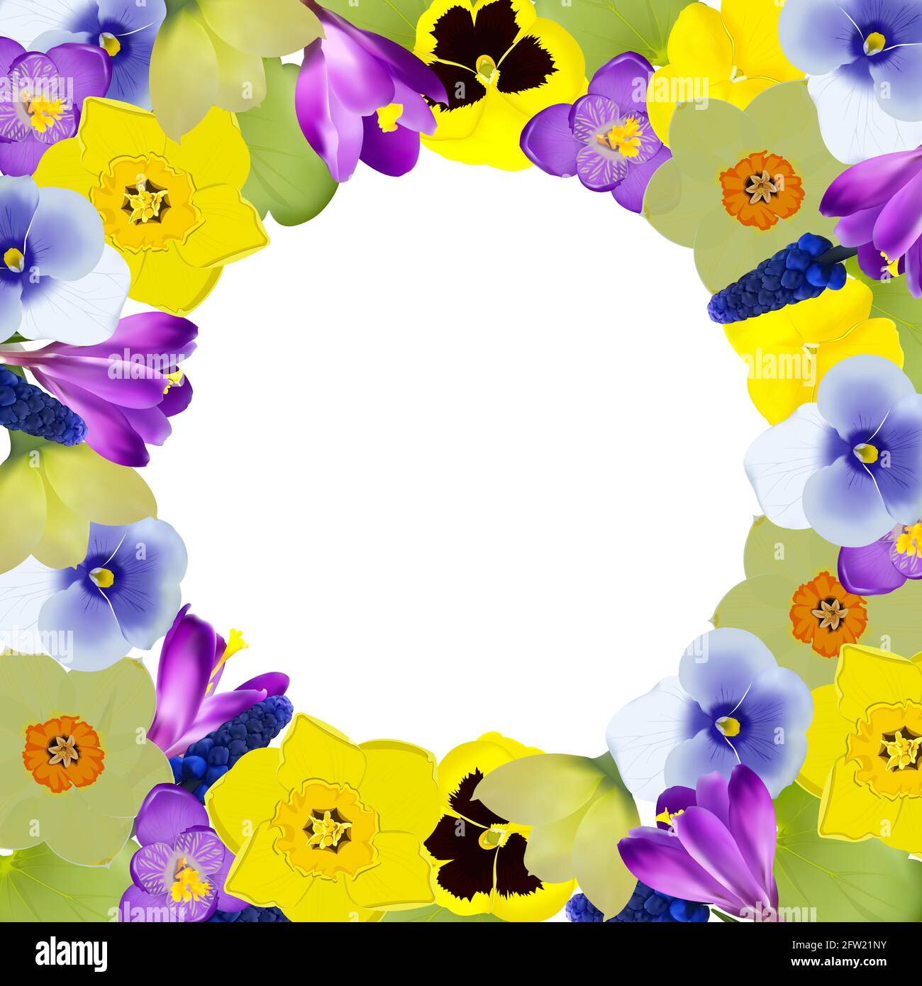 decoration of spring flowers in a circle on a white background Stock ...