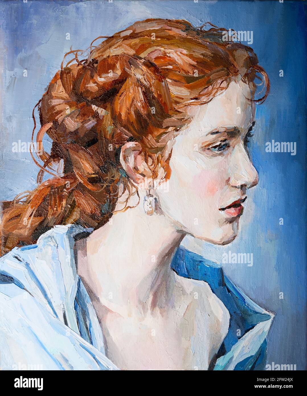 Art painting. Portrait of a girl with red hair is made in a classic ...