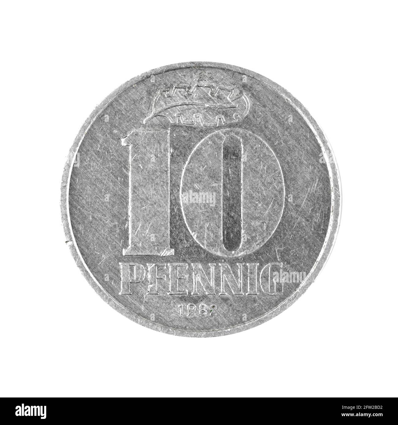 Ten 10 penning coin East German money isolated on a white background ...