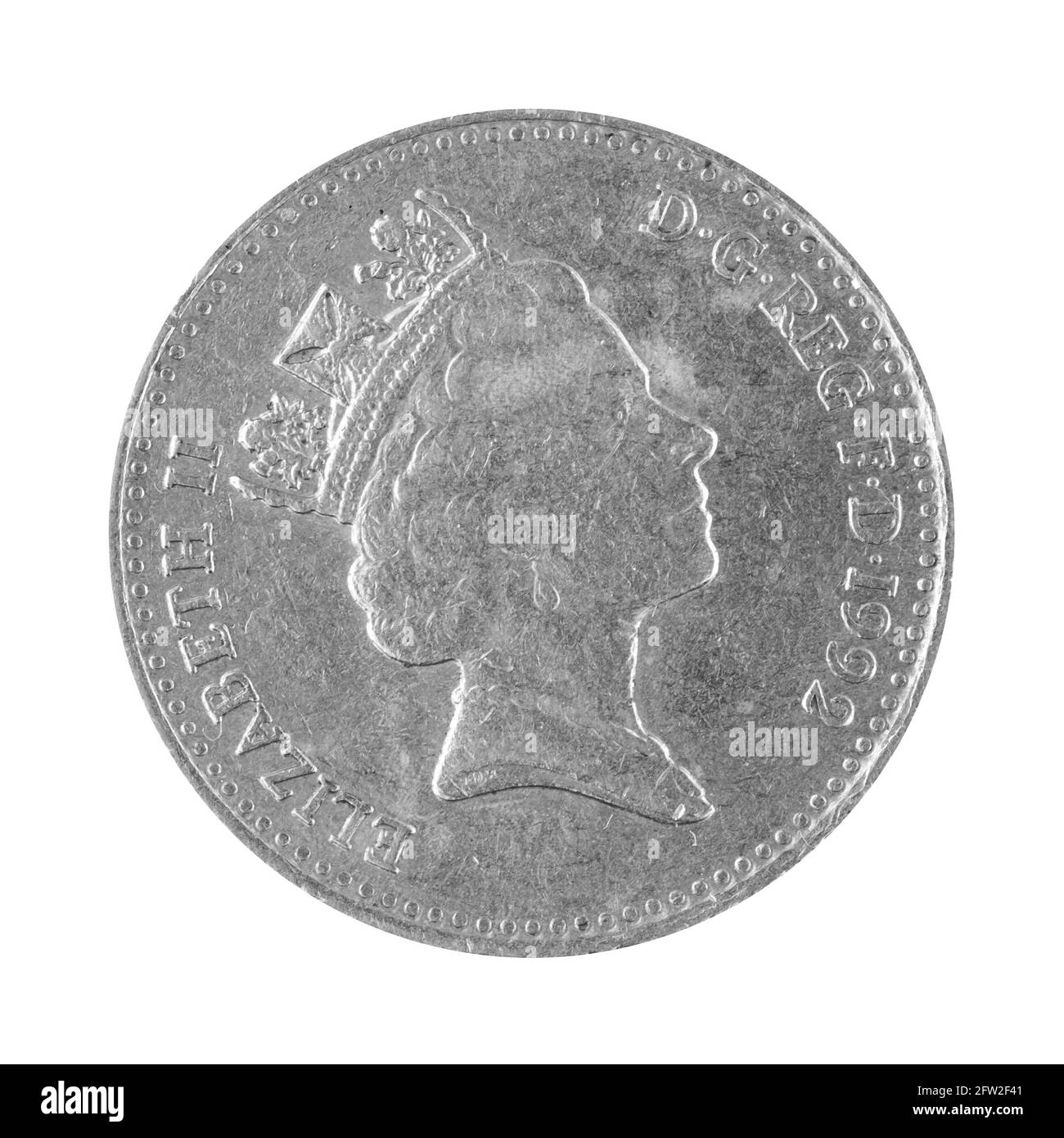 Back side of ten pence Great Britain coin with Elizabeth face isolated ...