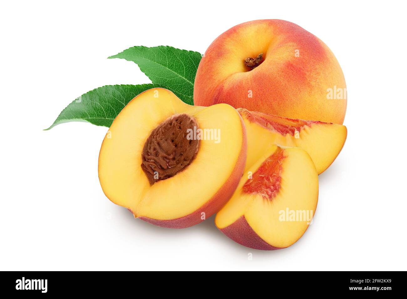 Ripe peach fruit half with slices isolated on white background with ...