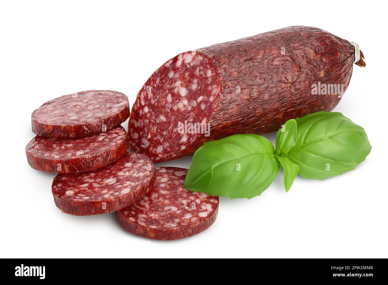 Smoked sausage salami with slices isolated on white background with ...