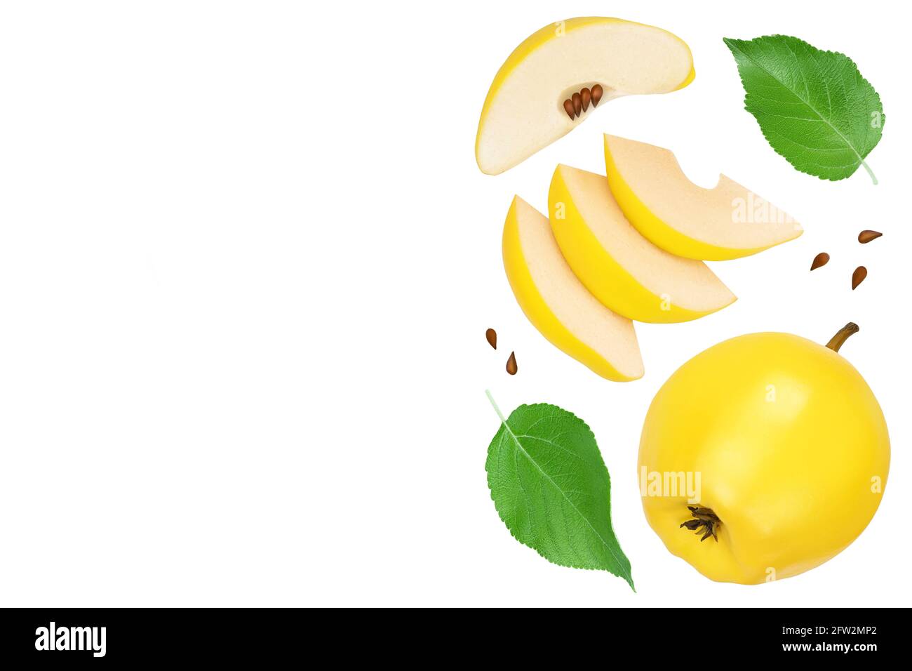 Fresh quince with half and slices isolated on the white background ...