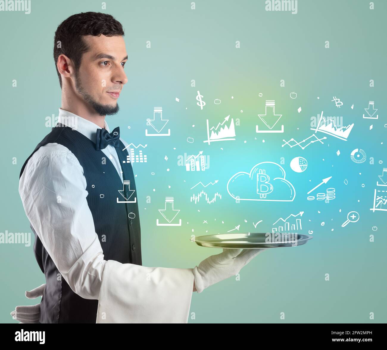 Handsome young waiter in tuxedo holding money icons on tray Stock Photo ...