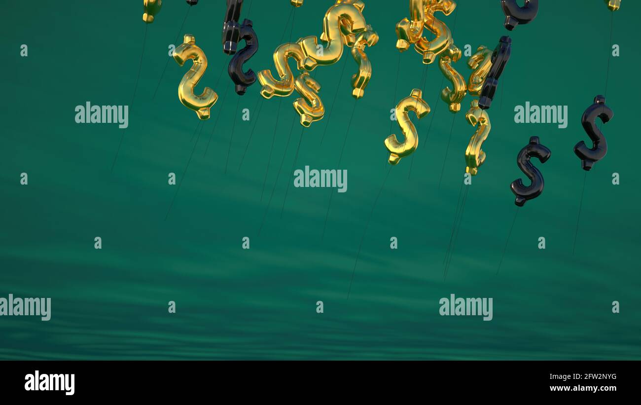 Inflated Dollar balloons flying away animation. Black and Gold balloons ...