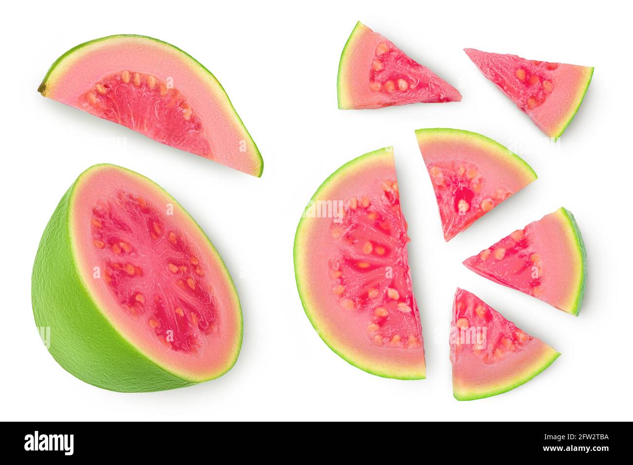 Guava fruit slices isolated on white background . Top view. Flat lay ...