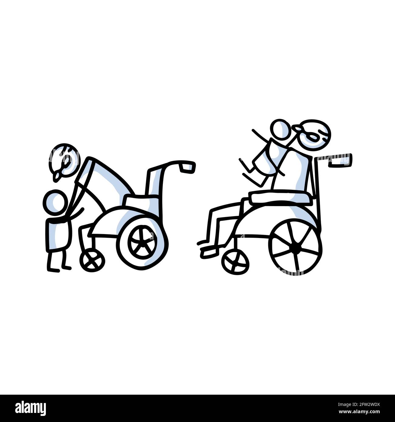Drawn stick figure of senior man hugging grandchild in wheelchair ...