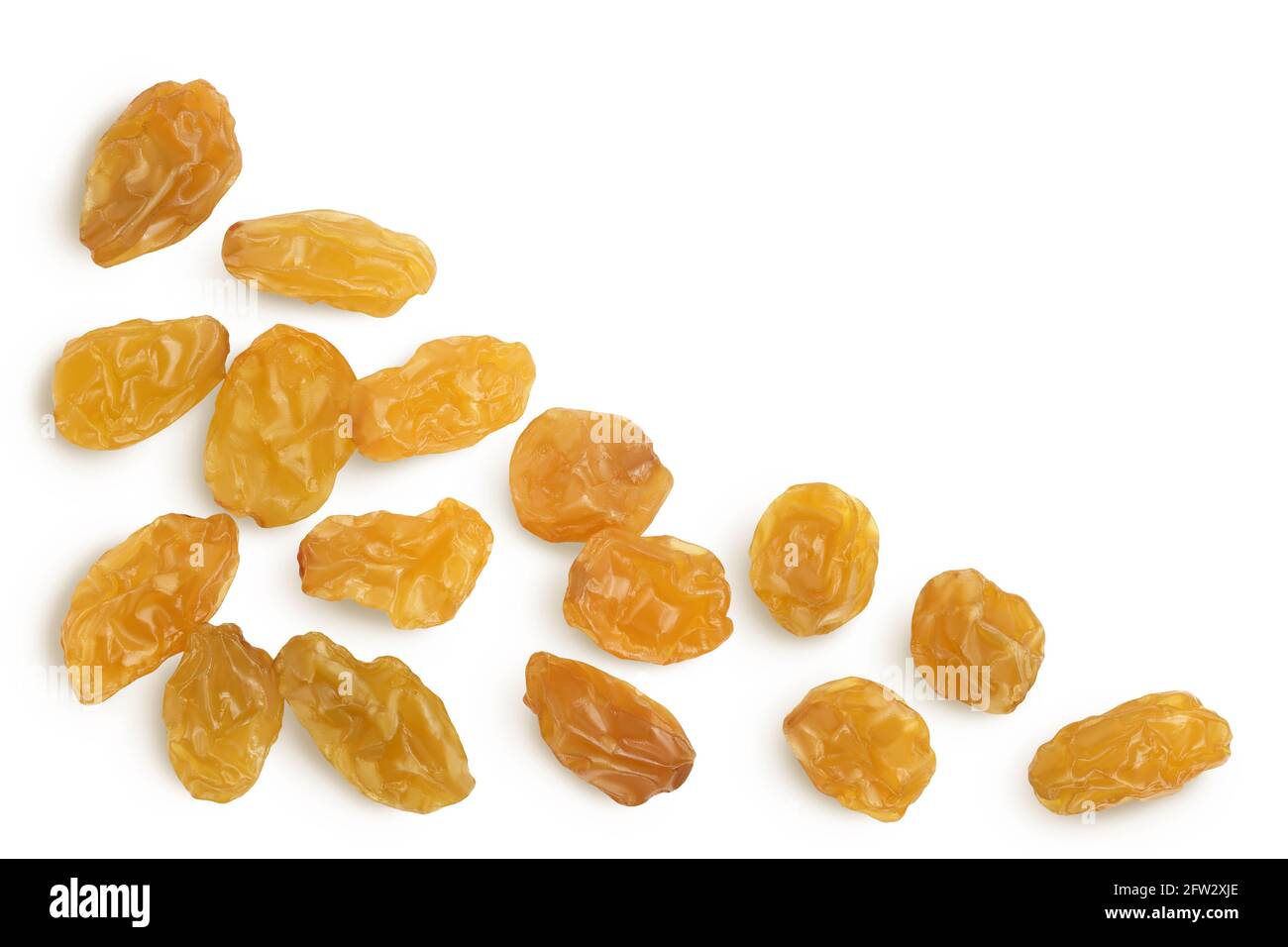 Yellow raisin isolated on white background with clipping path. Top view ...