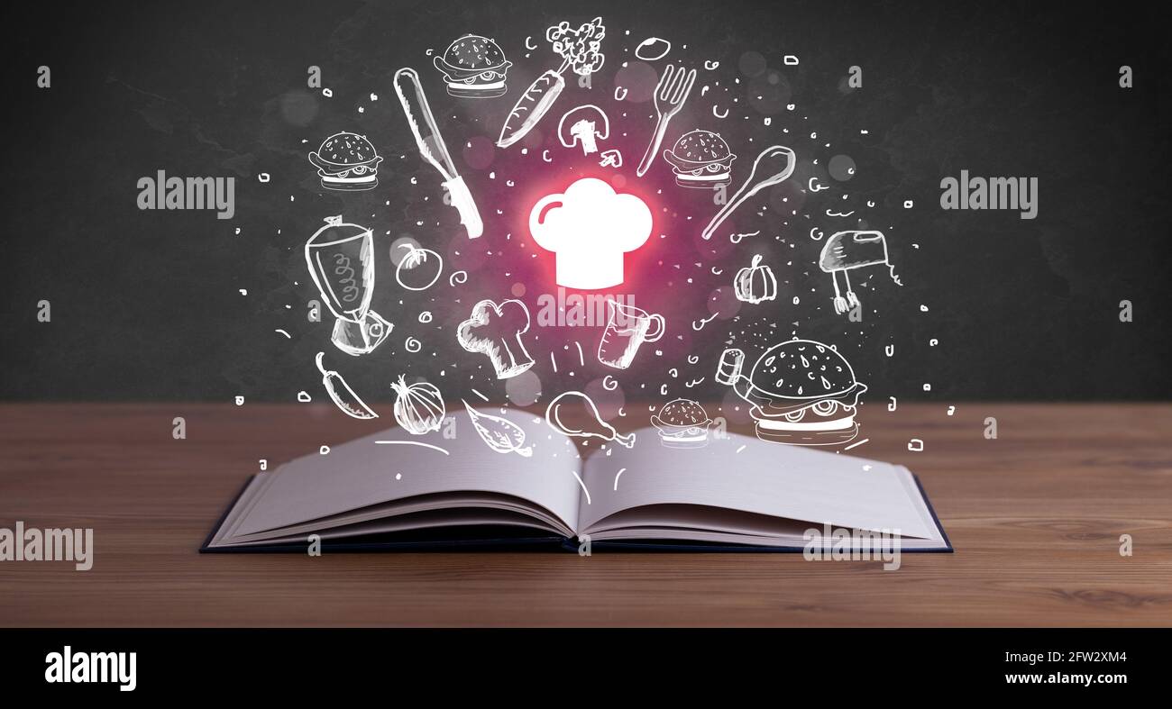 Open recipe book with food related icons above Stock Photo - Alamy