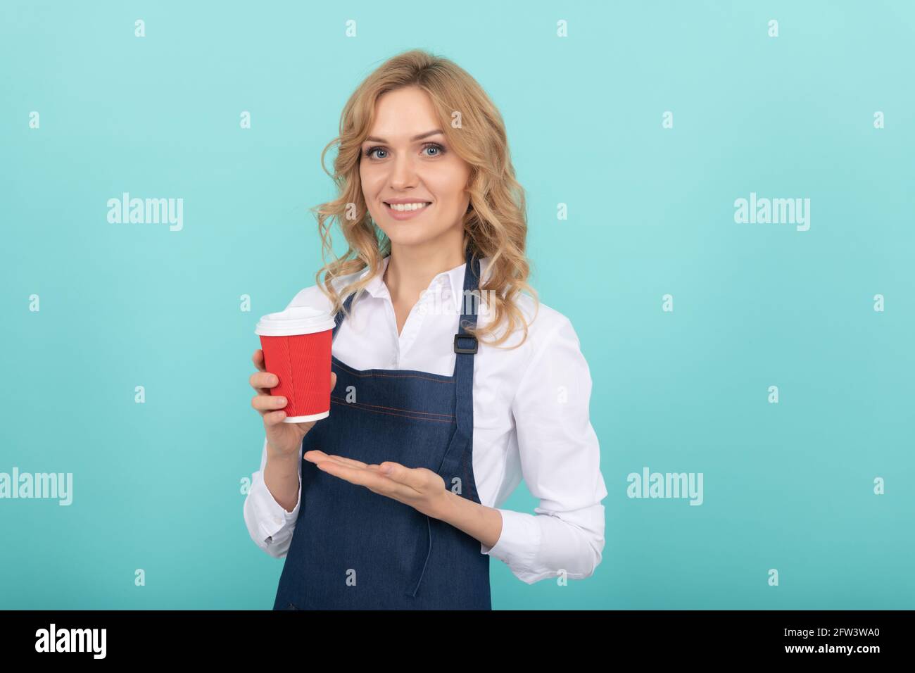 happy woman barista in cook apron drink takeaway coffee, barista Stock ...