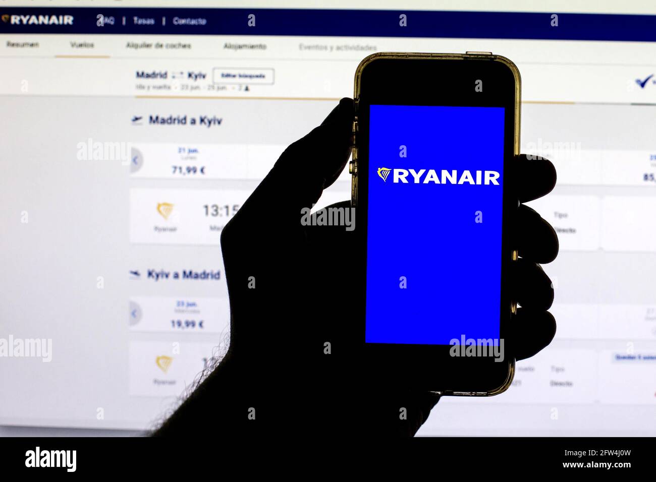 In this photo illustration of a Ryanair app seen displayed on a ...
