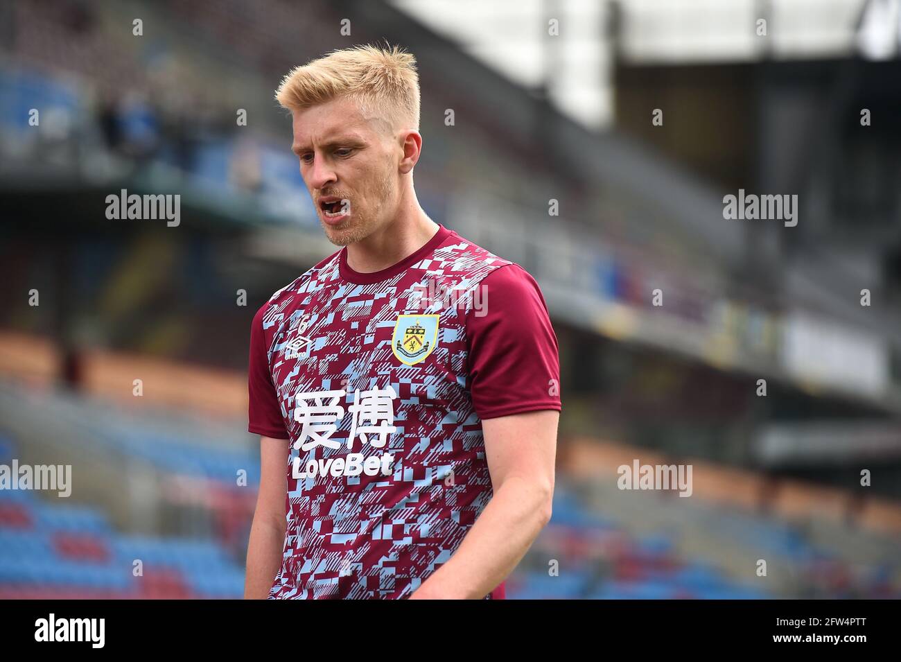 BURNLEY, UK. MAY 15TH Ben Mee of Burnley warming up before the Premier ...