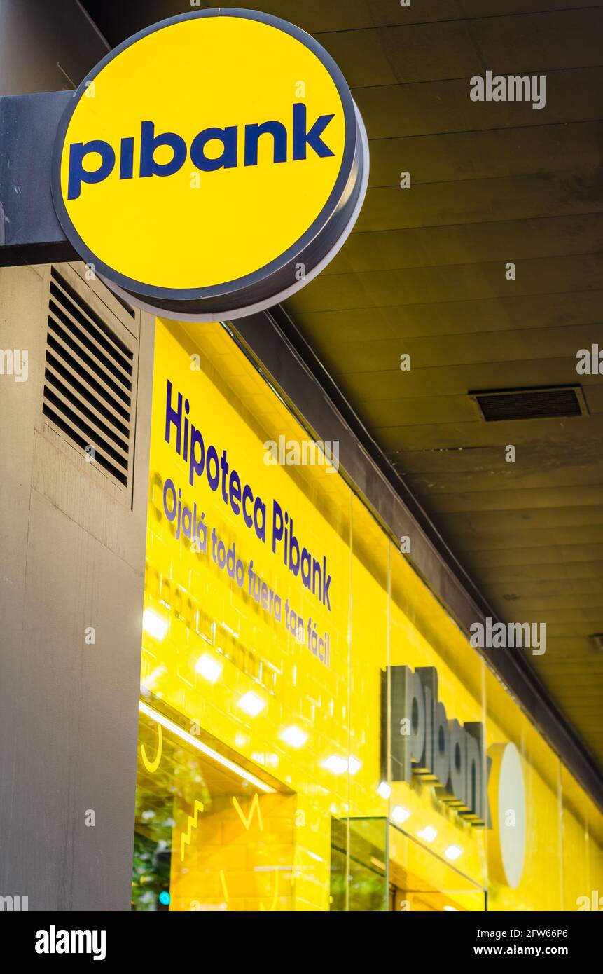 MADRID, SPAIN – MAY 12, 2021: Pibank logo on a bank branch office in ...
