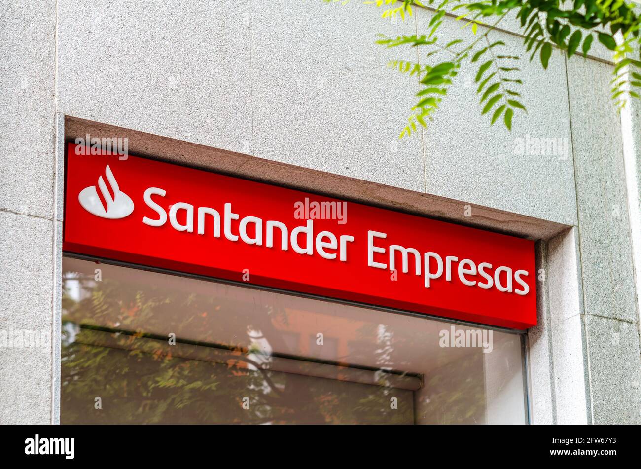 MADRID, SPAIN – MAY 12, 2021: Santander Empresas bank branch office in ...