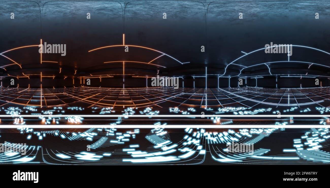 full 360 degree panorama of futuristic technology design hall with ...