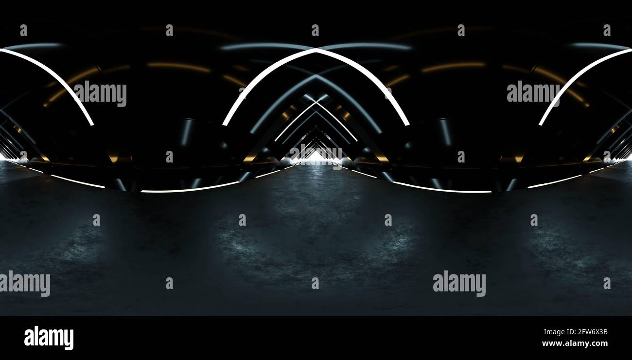 full 360 panorama view of dark futuristic abstract tunnel building ...