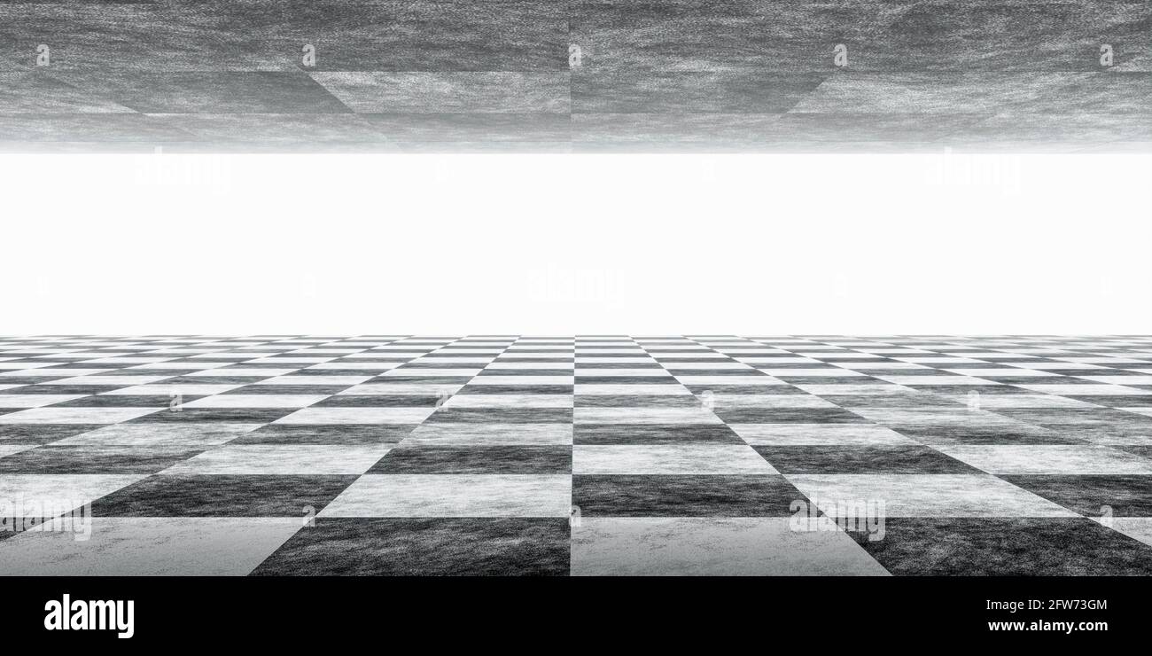 abstract building environment with black and white chess tile floor ...