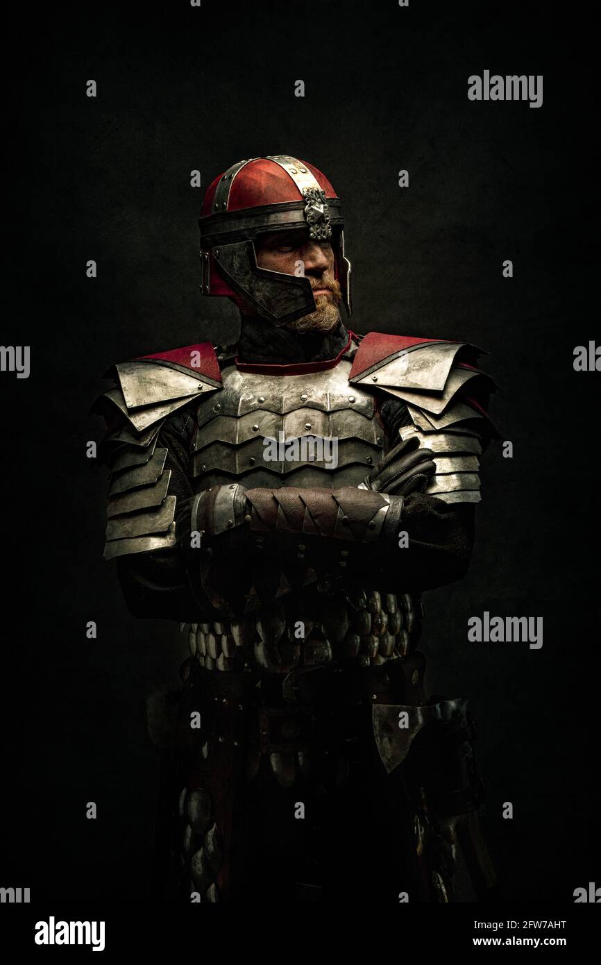 Portrait of a medieval fighter from the front, his head to the side ...