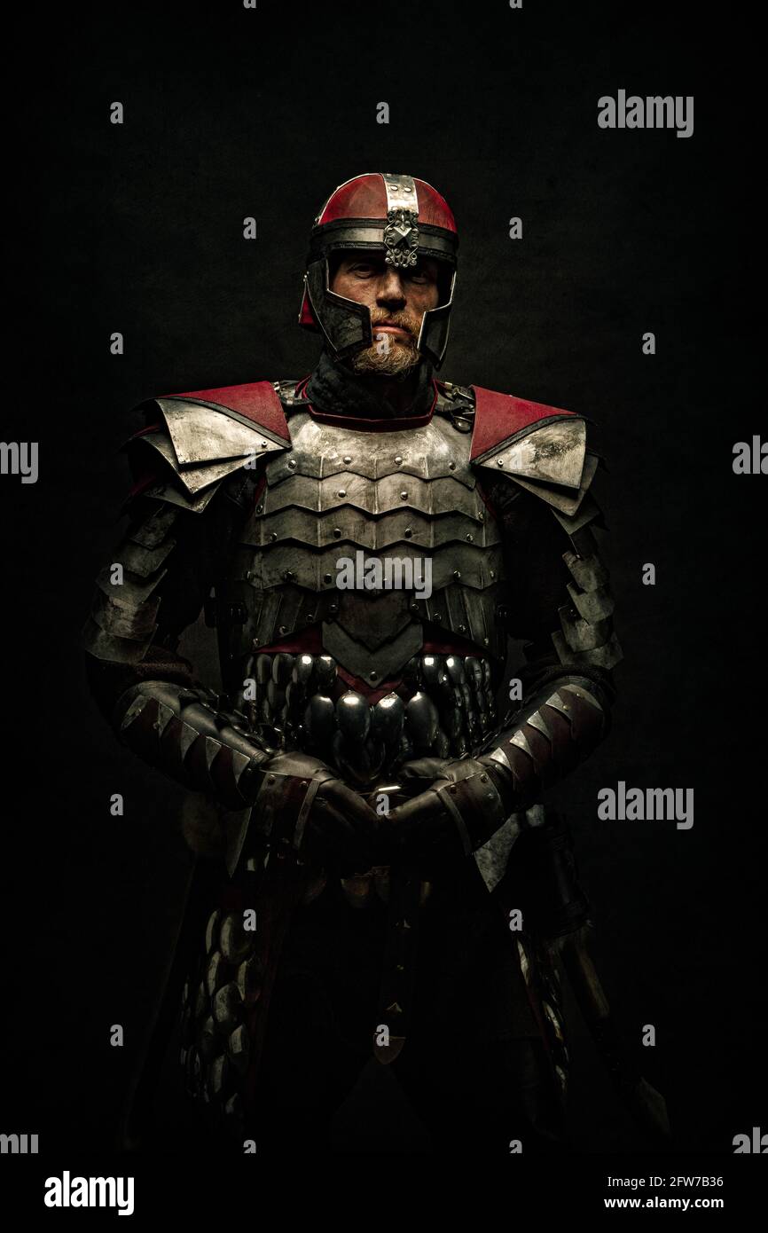 Portrait of a medieval fighter from the front Stock Photo - Alamy