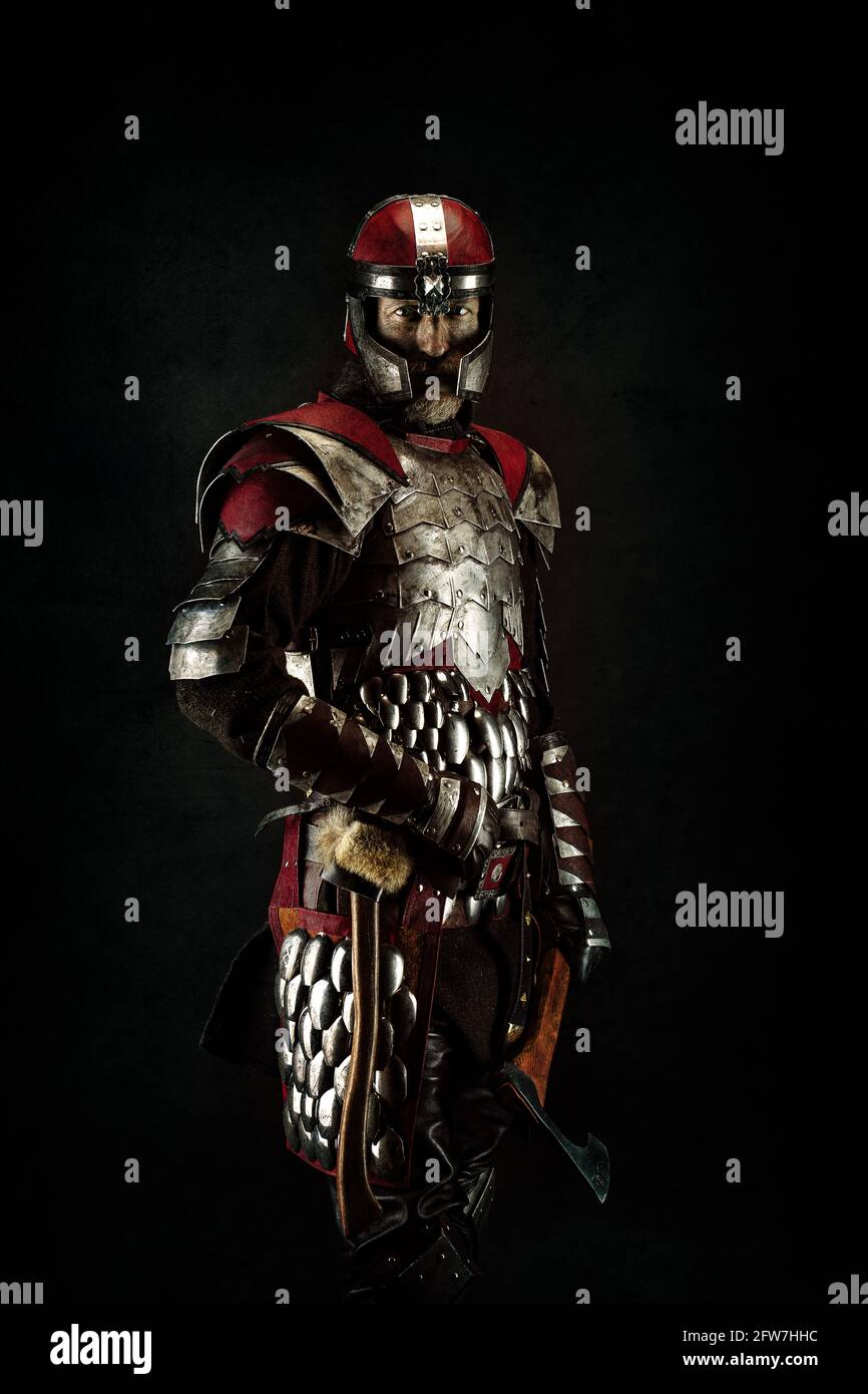 Portrait of a medieval fighter from the front, his head to the side ...