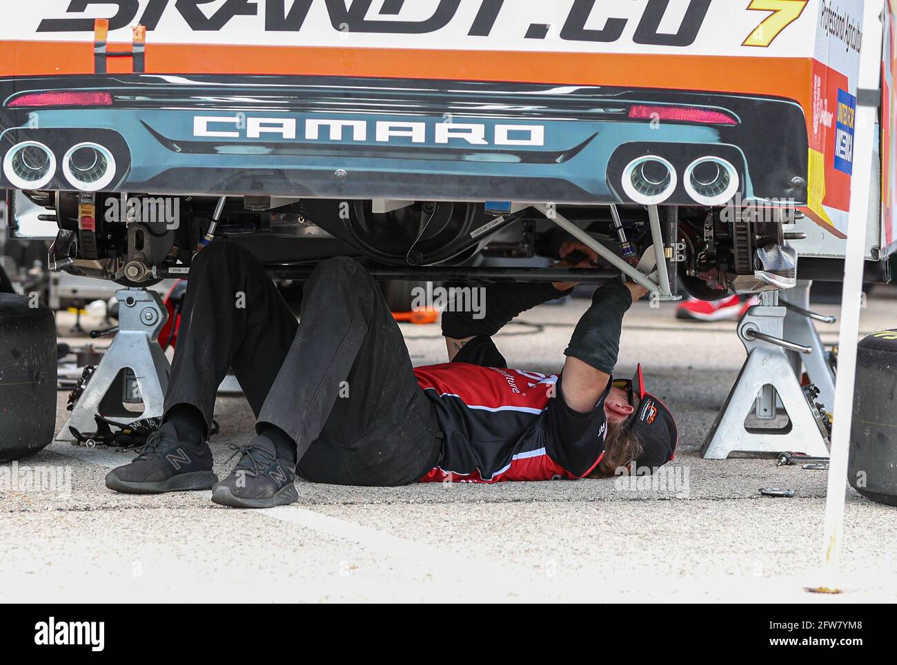 Austin. 21st May, 2021. A crew member works on the car of NASCAR ...