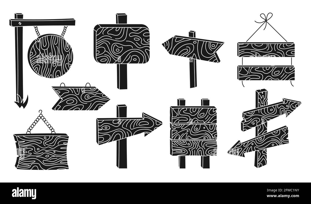 Wooden signs billboard black glyph set. Rural arrow pointer collection ...