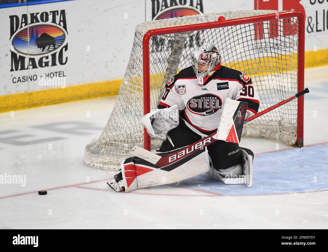 Fargo, ND, USA. 21st May, 2021. Chicago Steel goalie Simon Latkoczy (30 ...