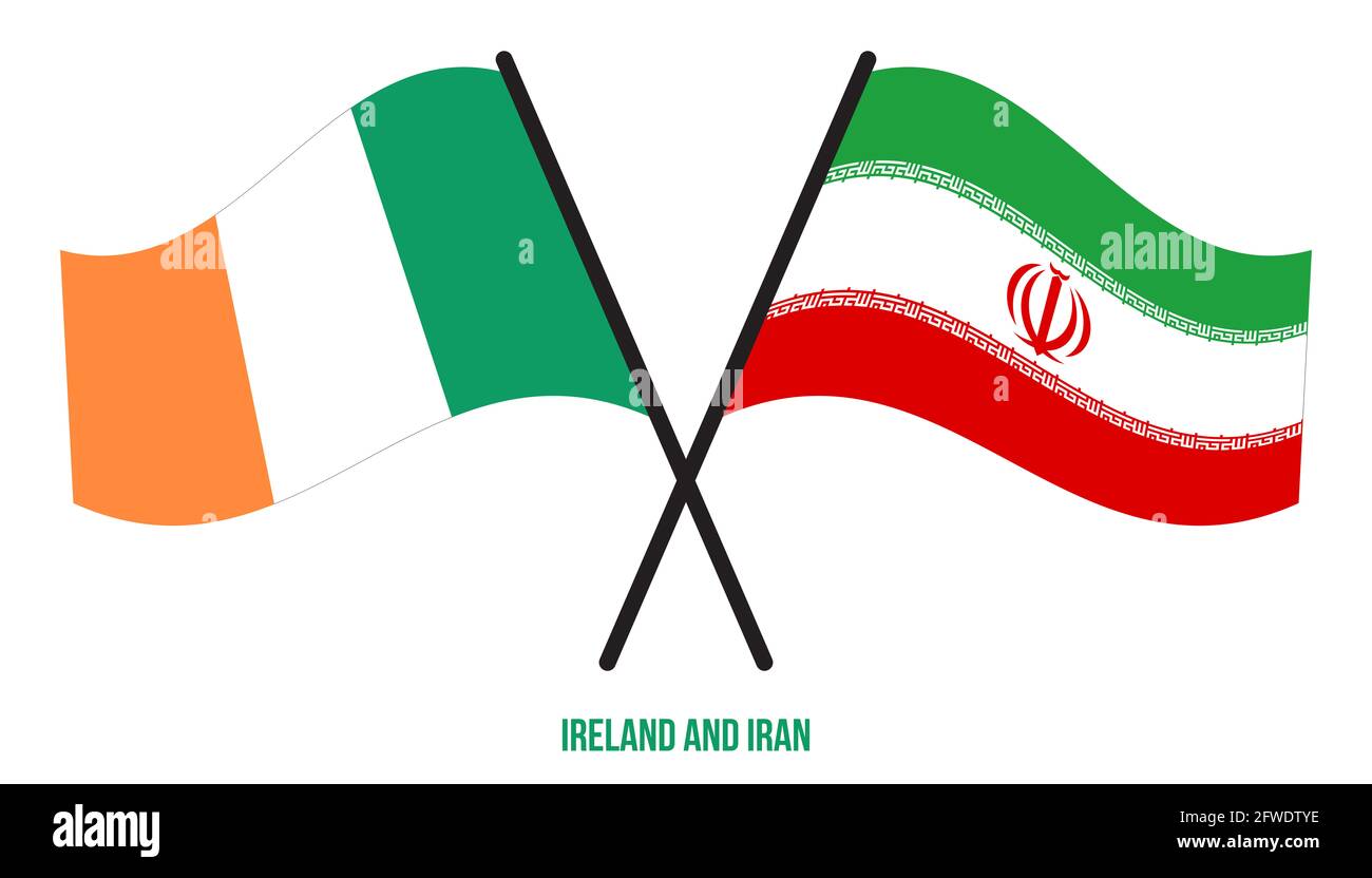 Ireland and Iran Flags Crossed And Waving Flat Style. Official ...