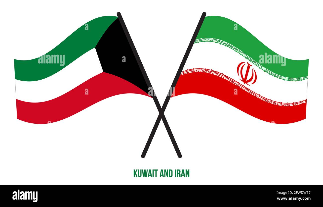 Kuwait and Iran Flags Crossed And Waving Flat Style. Official ...