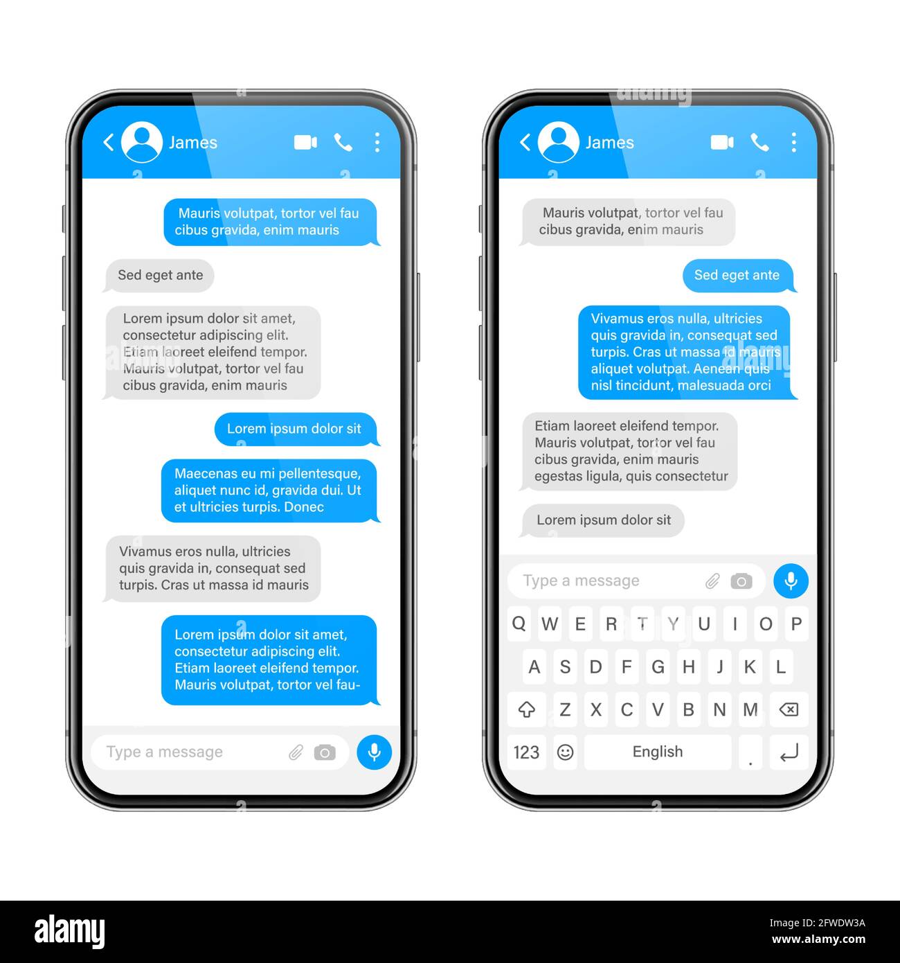 Realistic smartphone with messaging app. Blank SMS text frame ...
