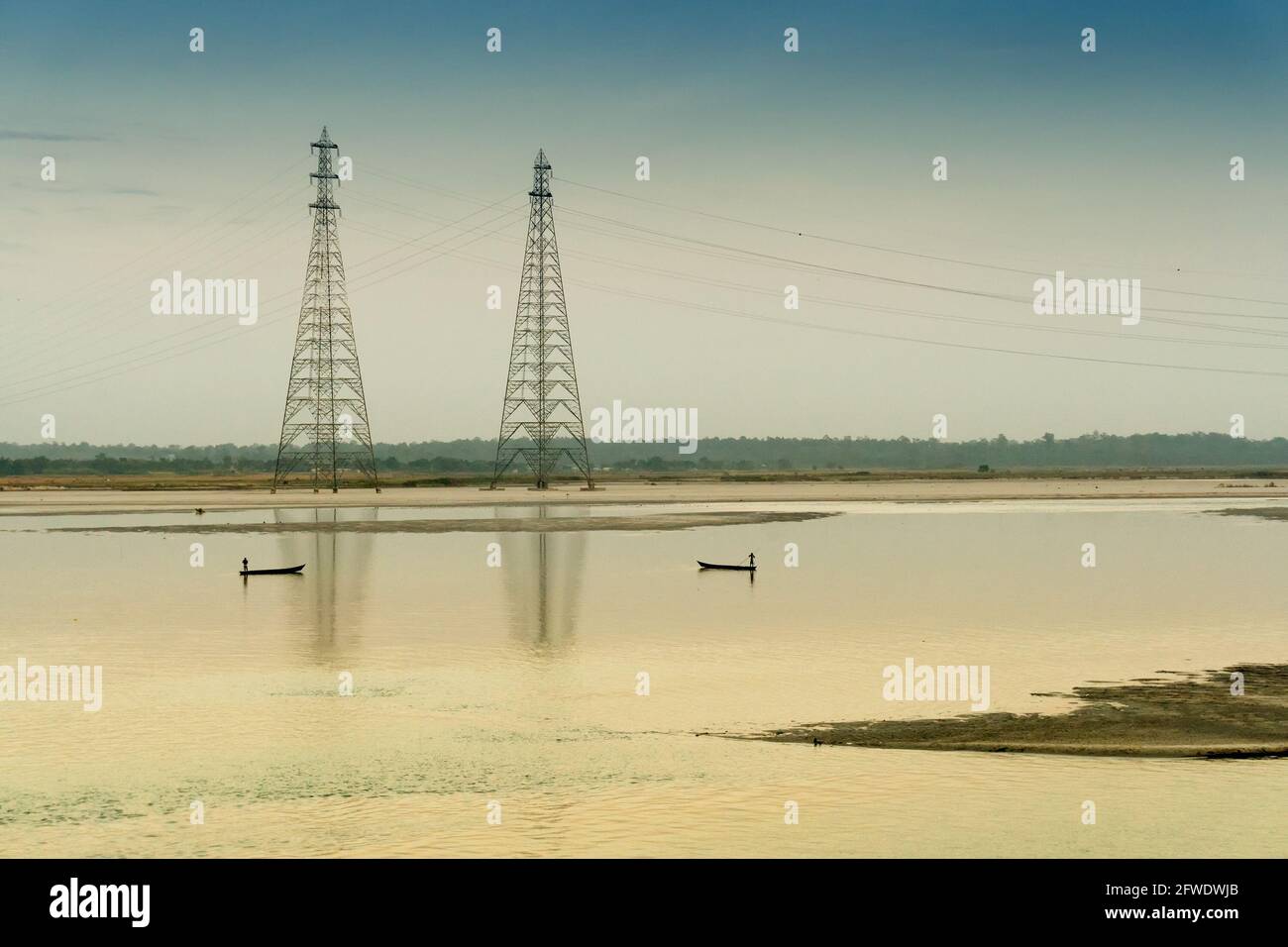View of Gajoldoba barrage with two electrical towes standing tall in ...