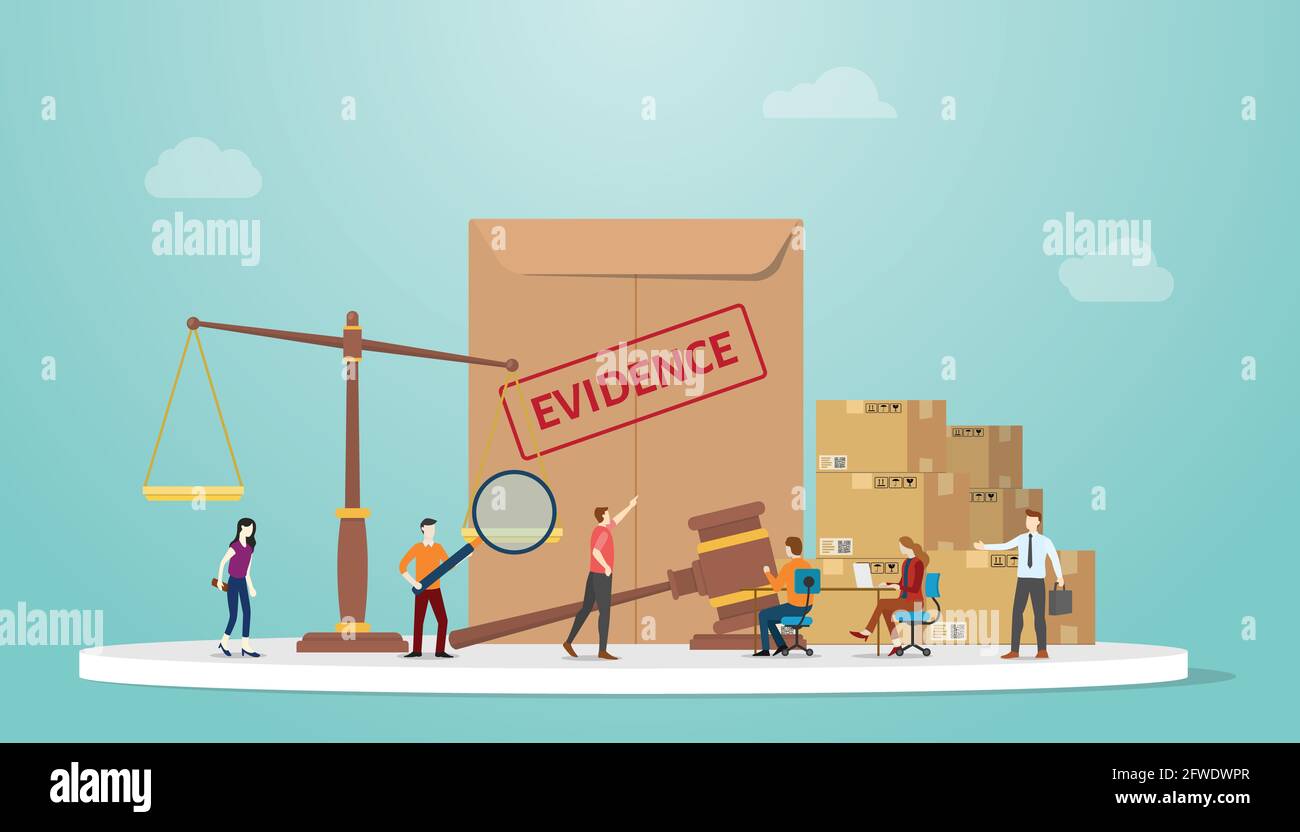 evidence concept with document paper and scale and gavel with people ...