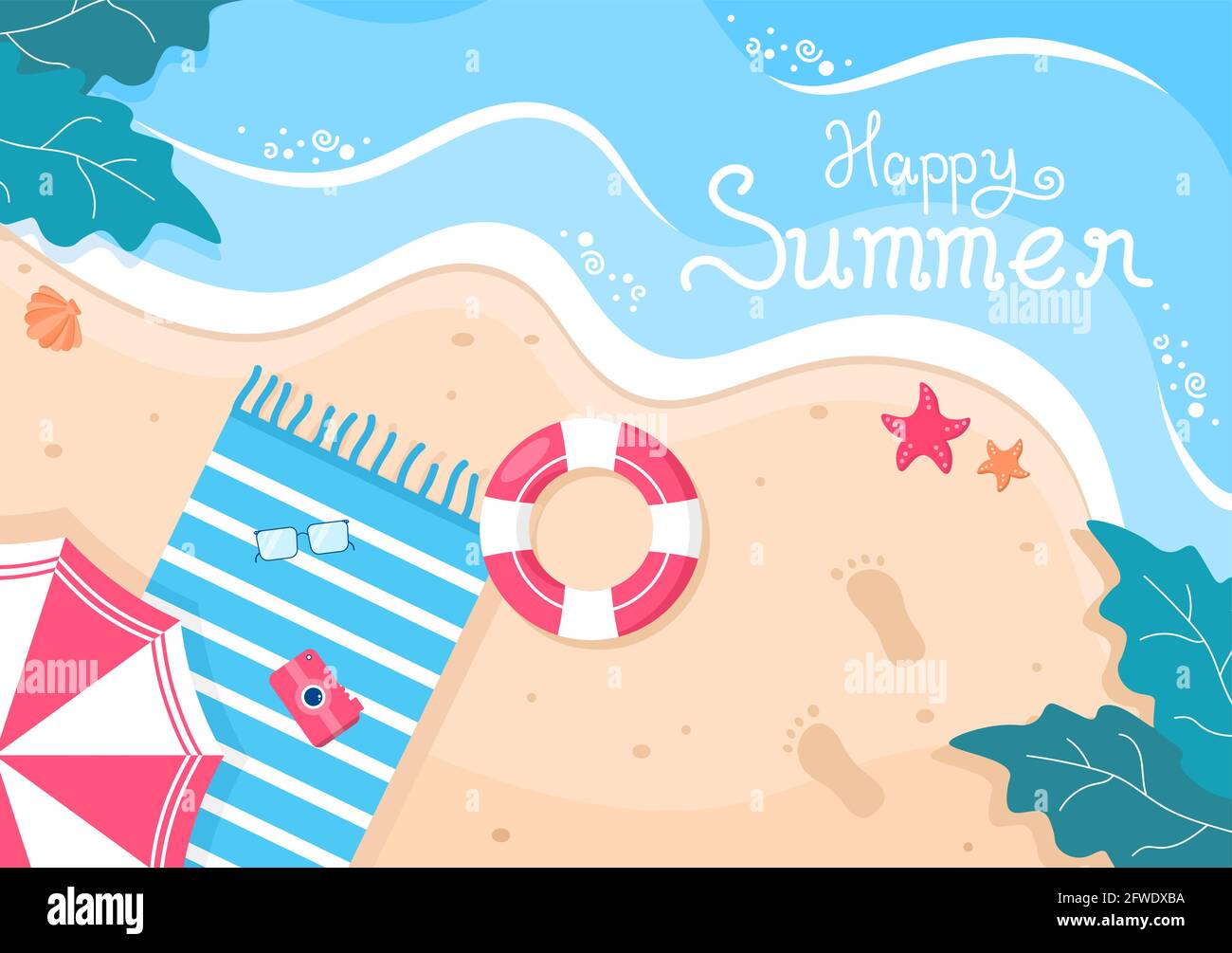 Happy Summer Time in Beach Seaside Vector Illustration for Background ...