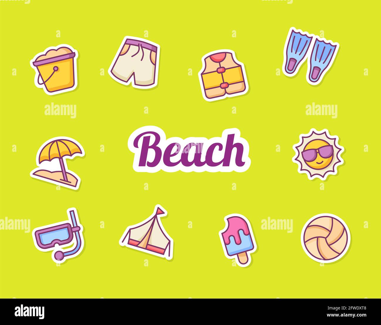 summer sticker icon icons set collection package yellow isolated ...