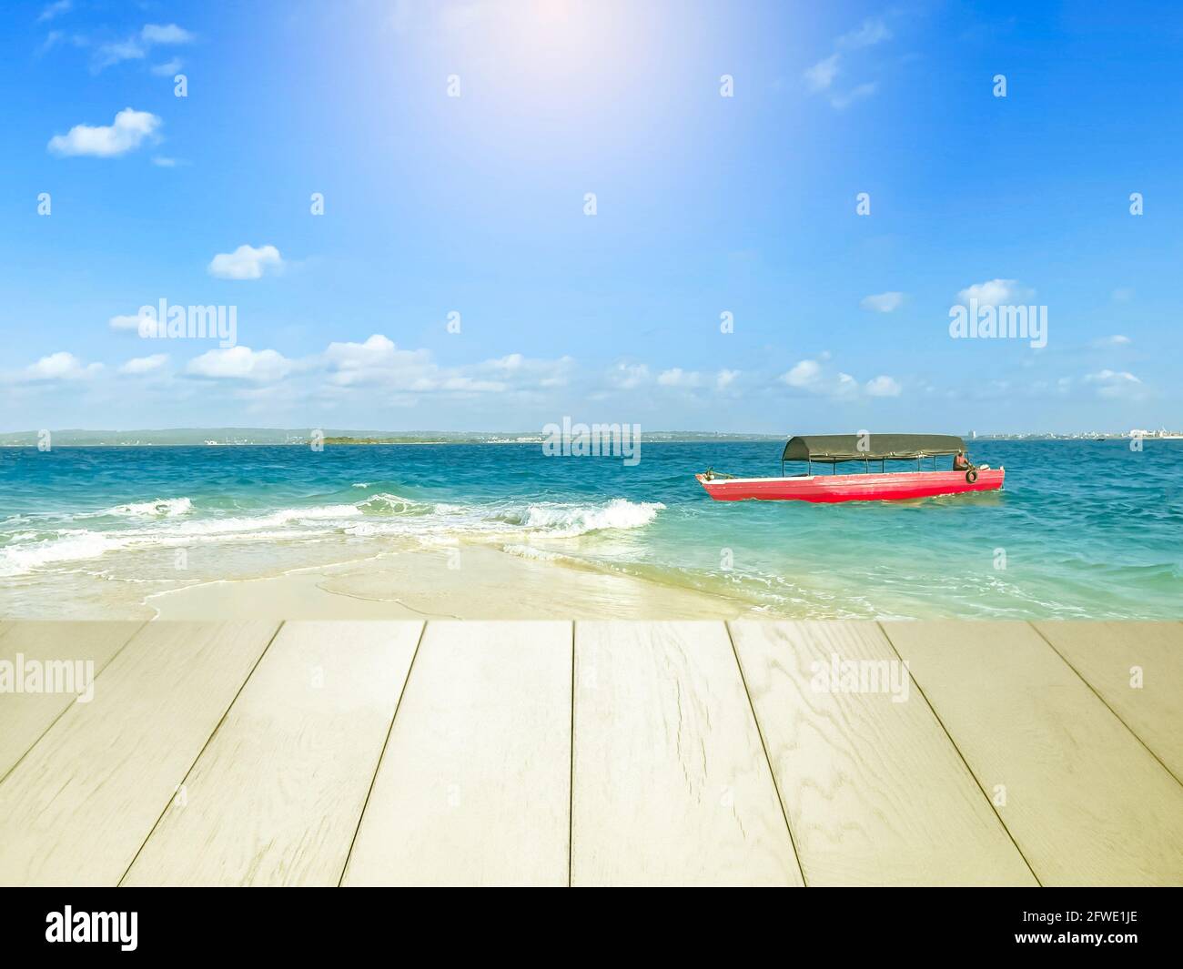 Summer landscape, nature of tropical beach with wooden platform ...