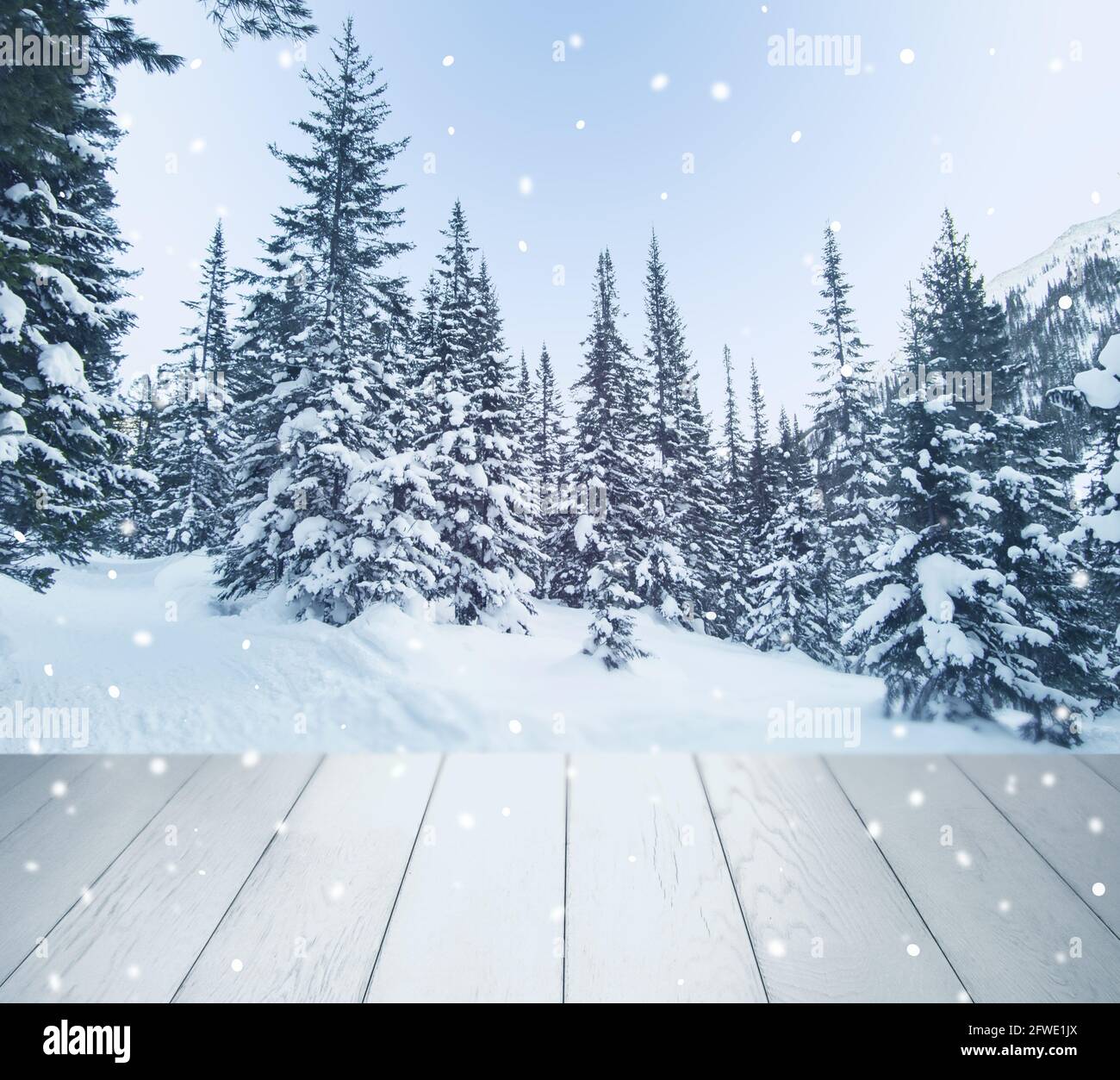 Winter Christmas scenic landscape . Wooden flooring strewn with snow in ...