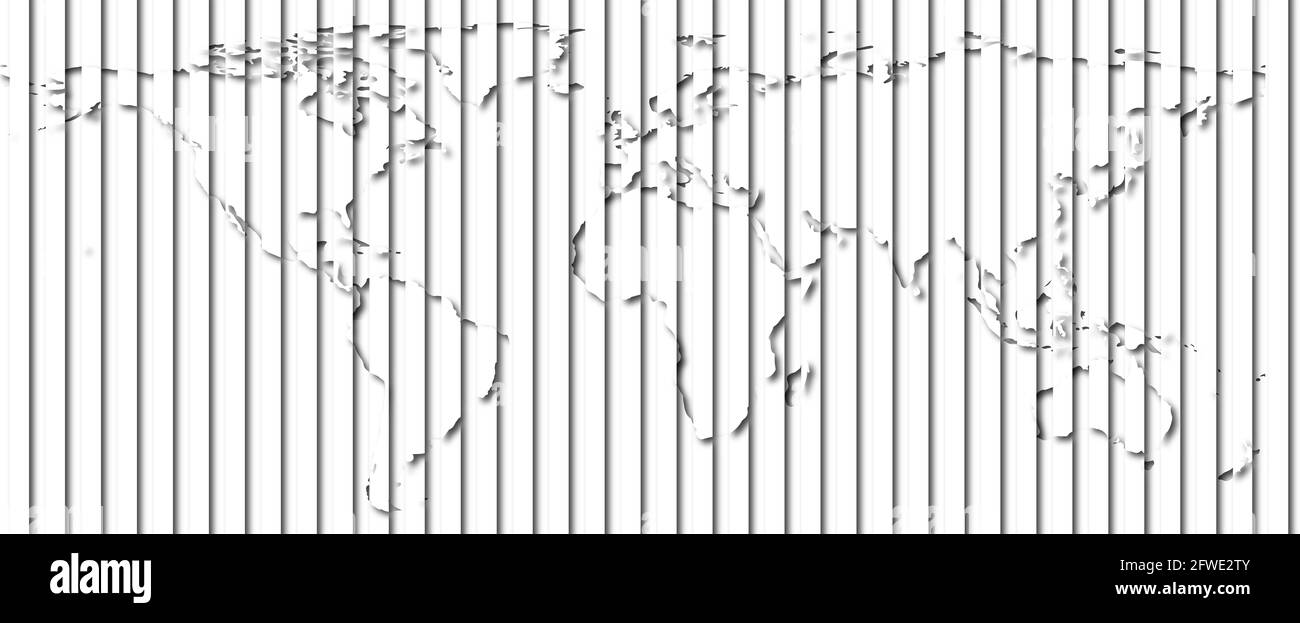 Layered world map with vertical stripes and shadows, black and white ...