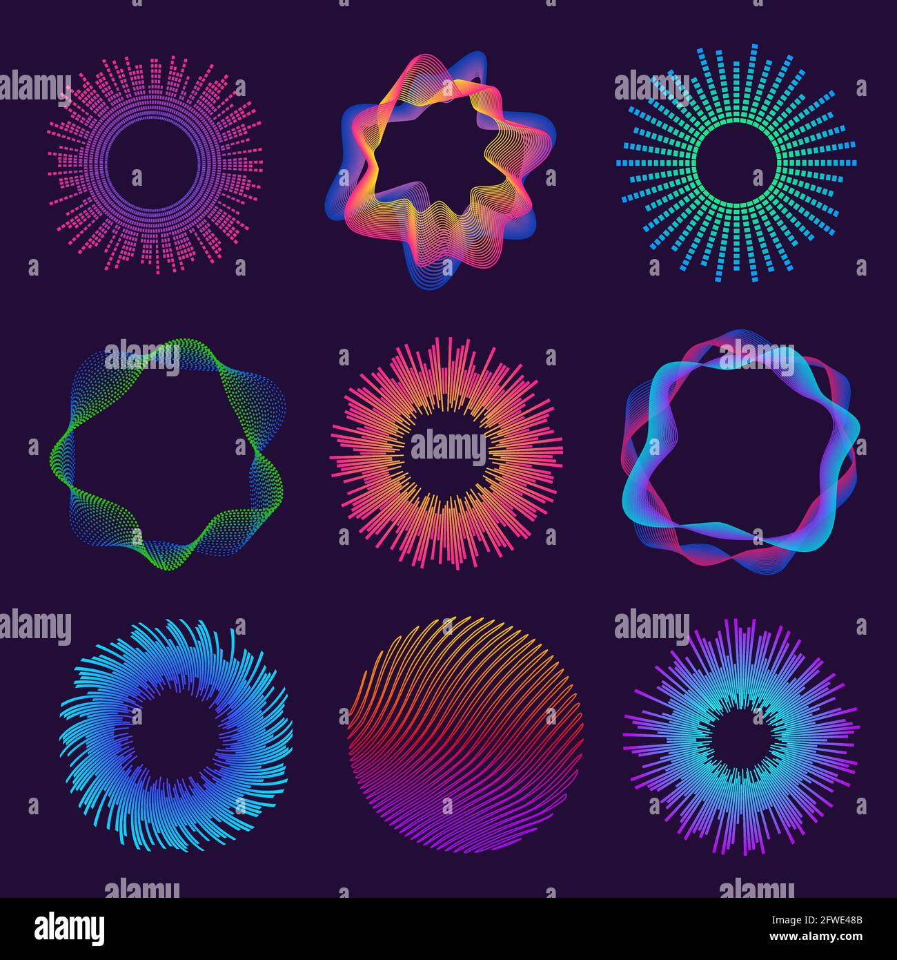 Circle audio waves. Neon round music soundwave for equalizer. Abstract radial sound ripple ...