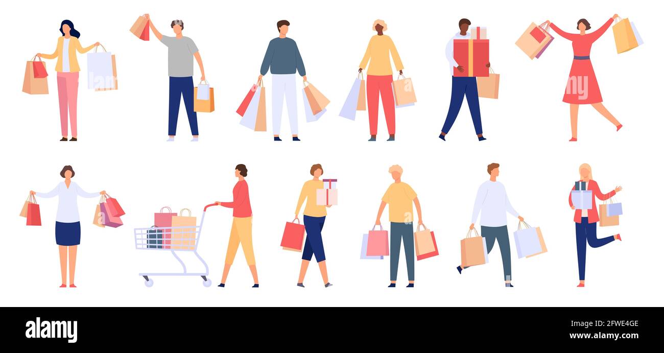 Shopping people. Male and female consumers with shop bags, gift boxes ...