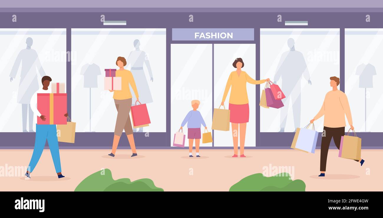 Shop street with people. Urban landscape with store showcases with ...