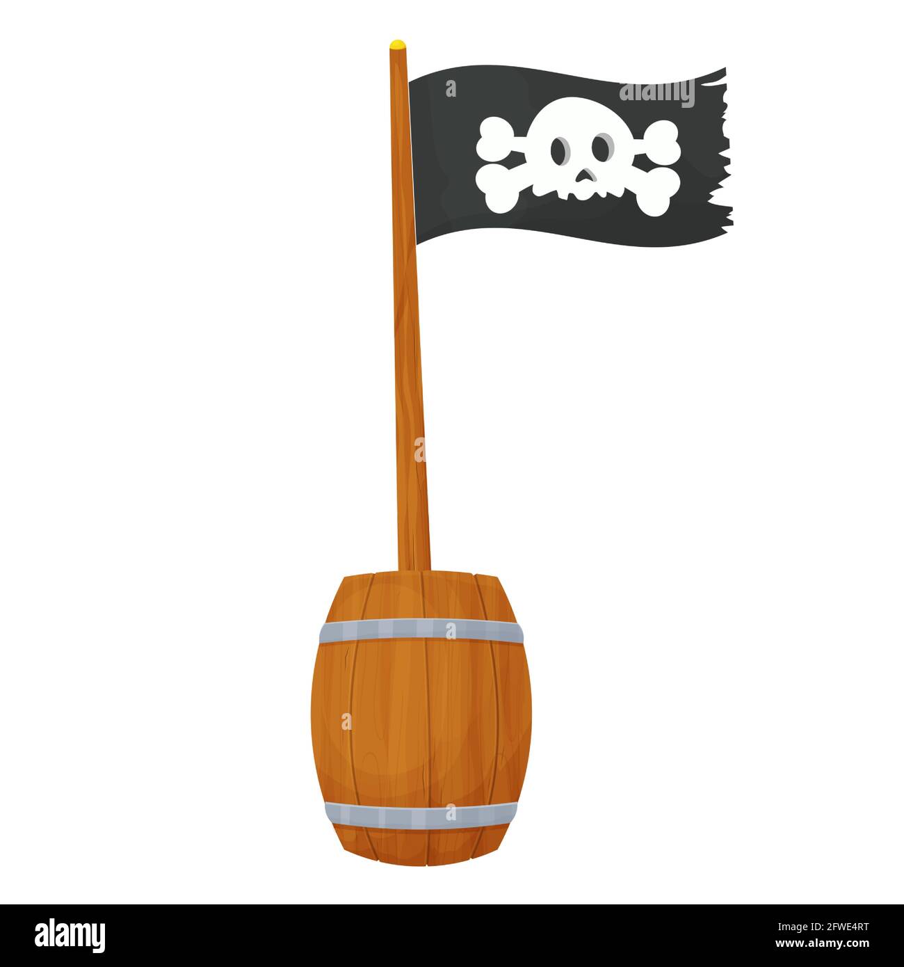 Pirate flag with skull and cross bones on wooden stick in barrel in ...