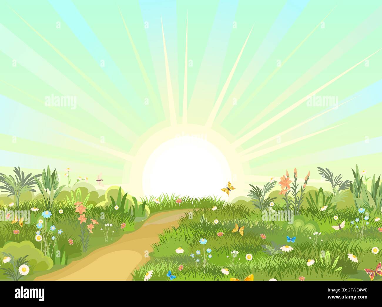 Rural road obliquely to Green Glade. Summer flowers meadow. Trail ...