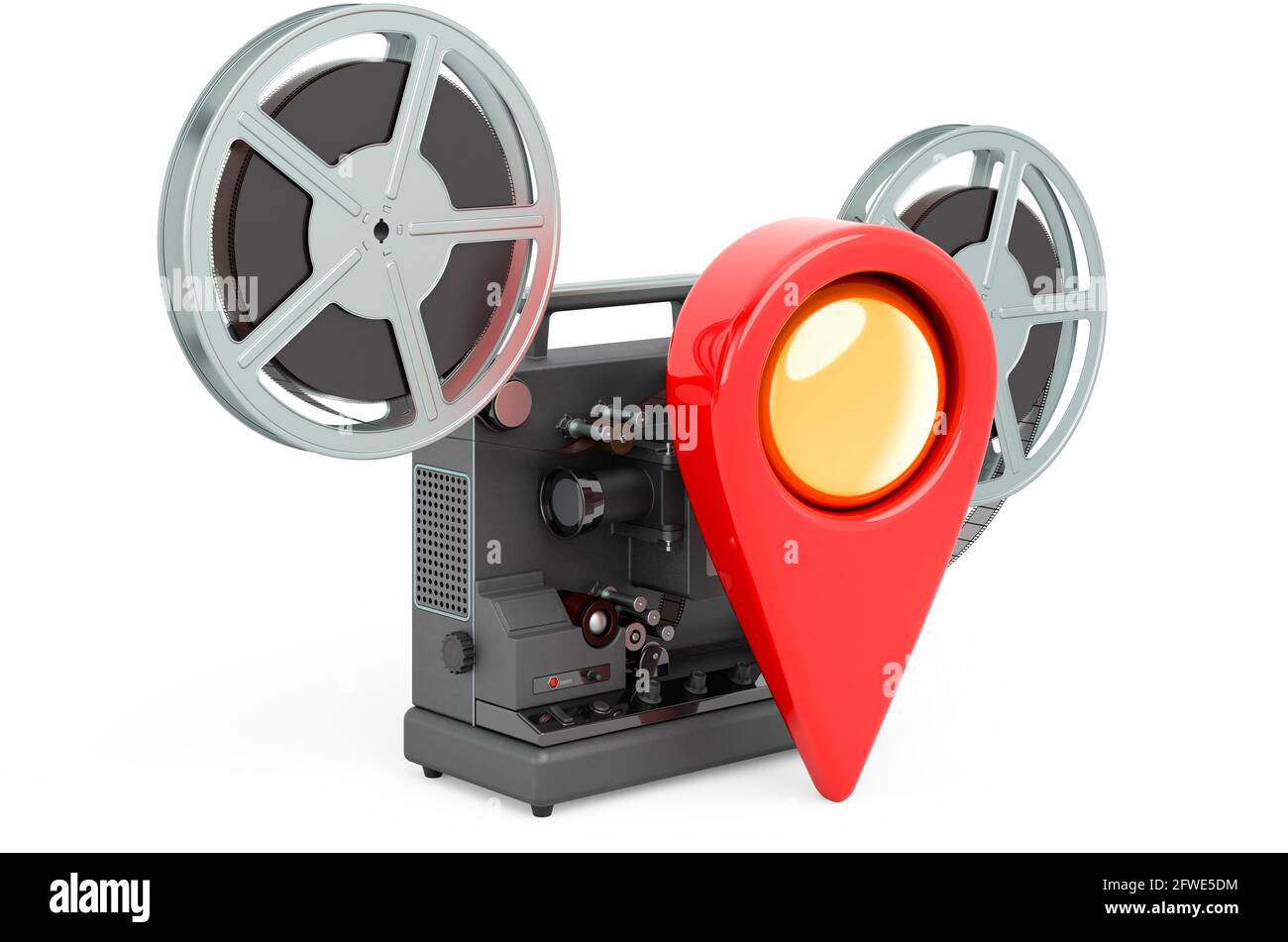 Movie theater location concept. Map pointer with film projector, 3D ...