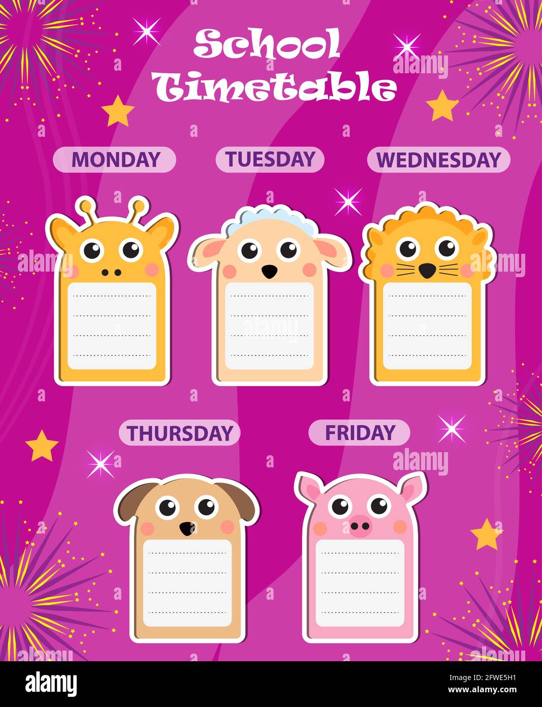 Weekly school timetable template with cute design elements. Weekday ...