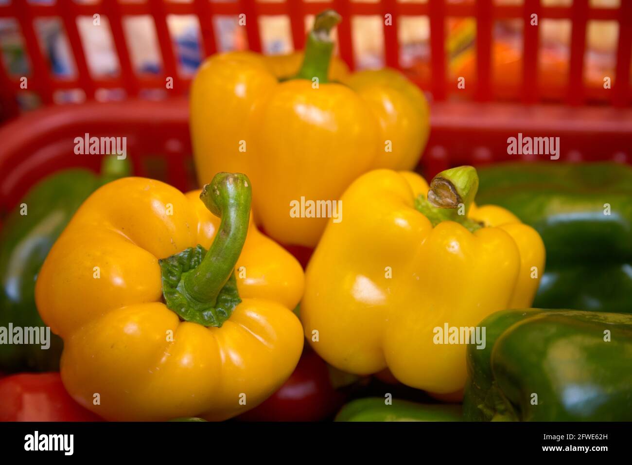 A selection of bell peppers at a stall in Tai Yuen Market in Hong Kong ...