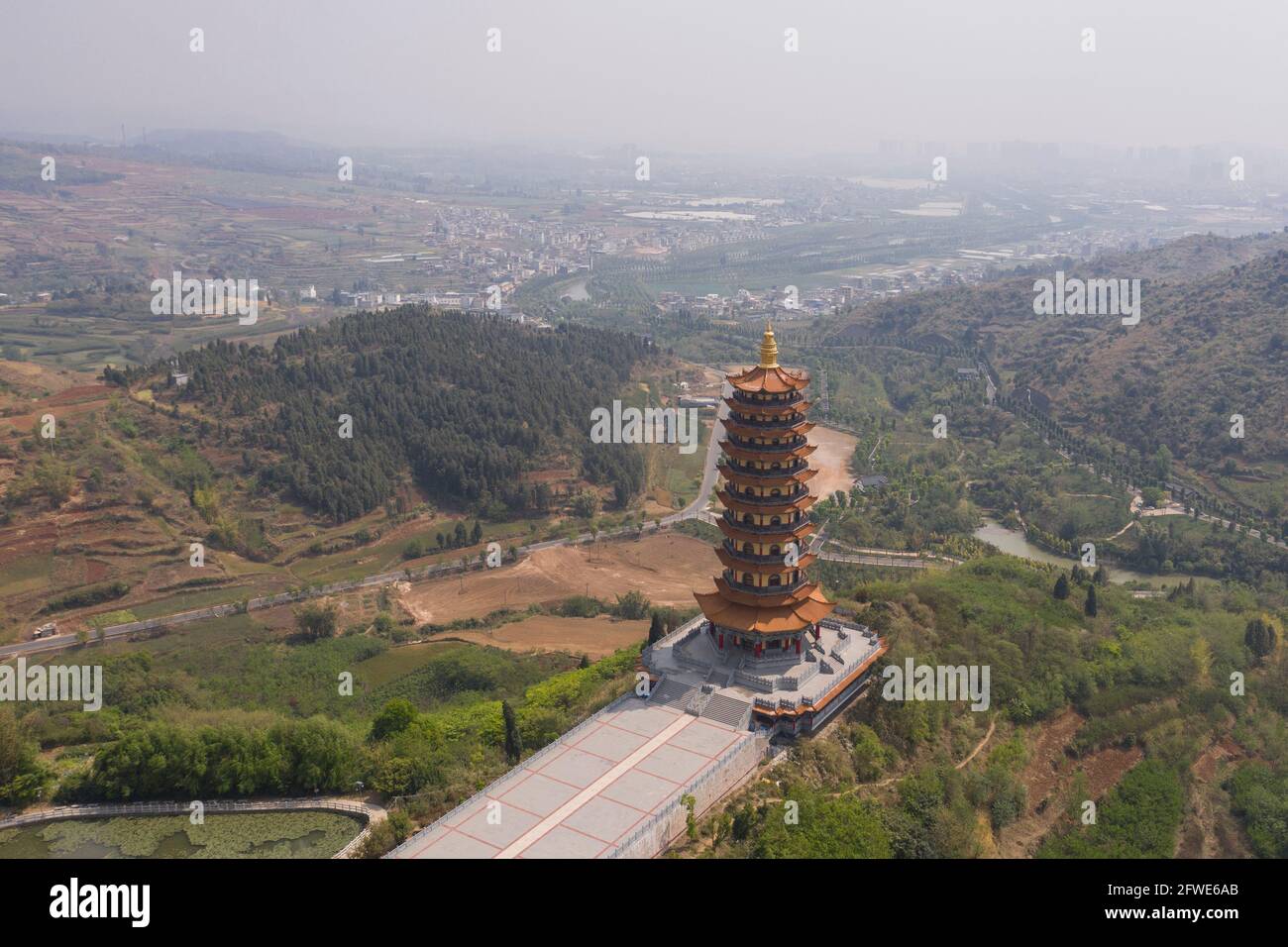 Aerial view of Longhua Pagoda in Jinpingshan park in Mile city near ...
