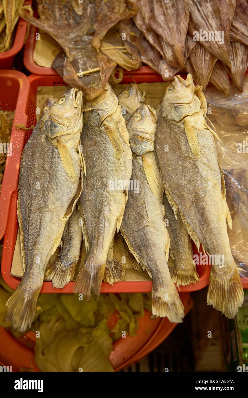 A selection of dried fish for sale at a stall in Tai Yuen Market in ...