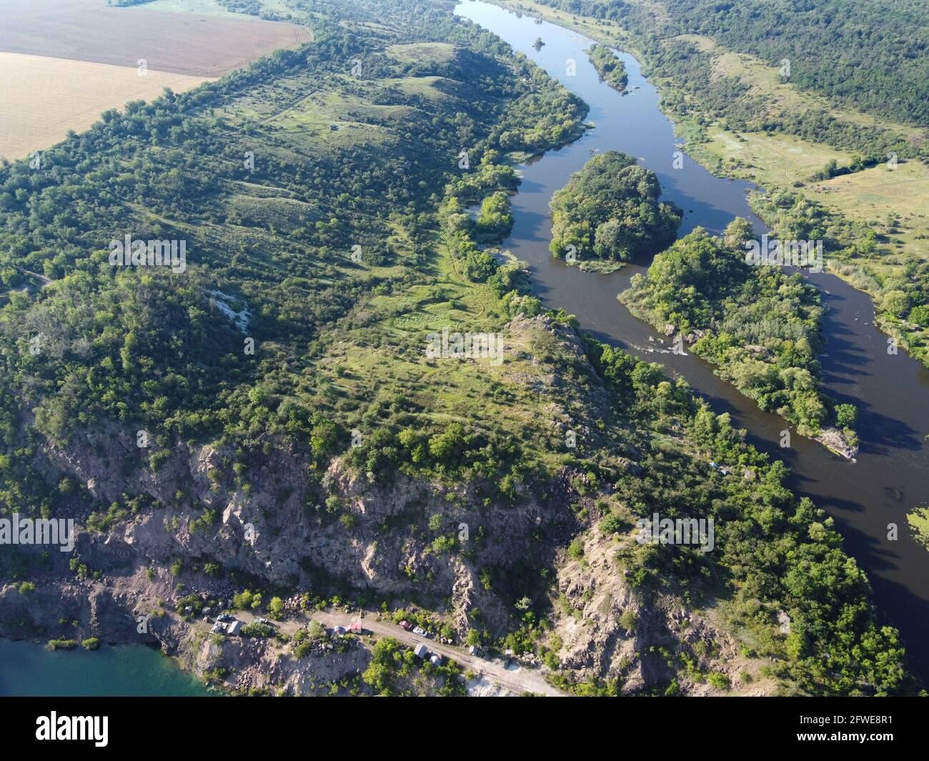Winding bed of the Southern Bug river. River, landscape from a bird's ...