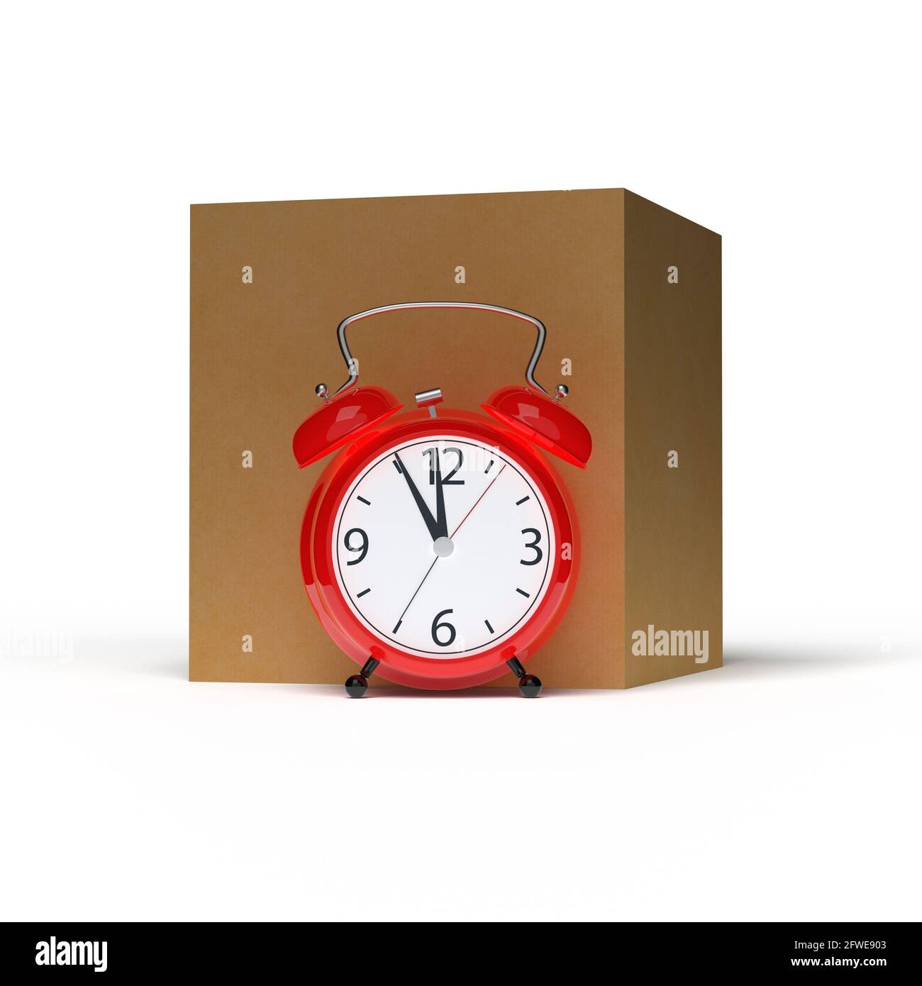 Alarm clock and a cardboard box on white background. 3D rendering Stock ...